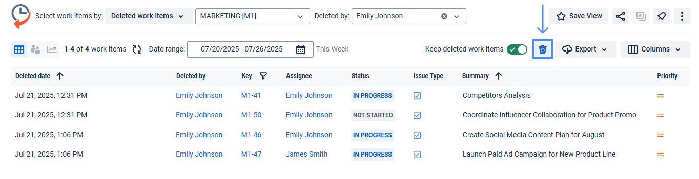 Restore deleted Jira work items