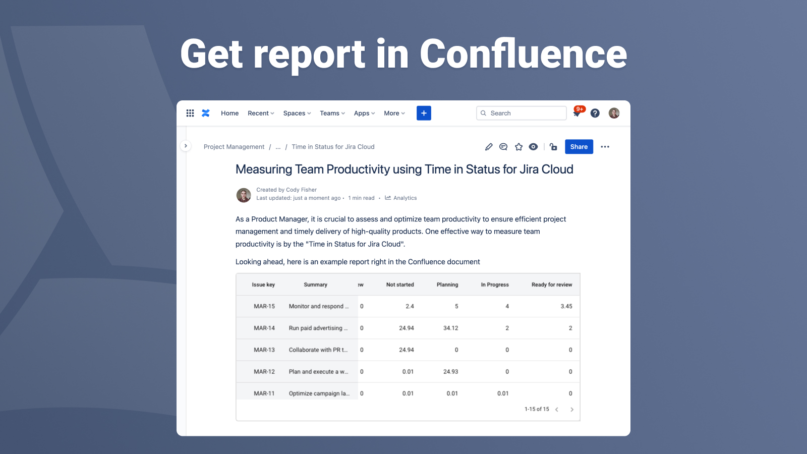 Export to Confluence Time in Status App Reports